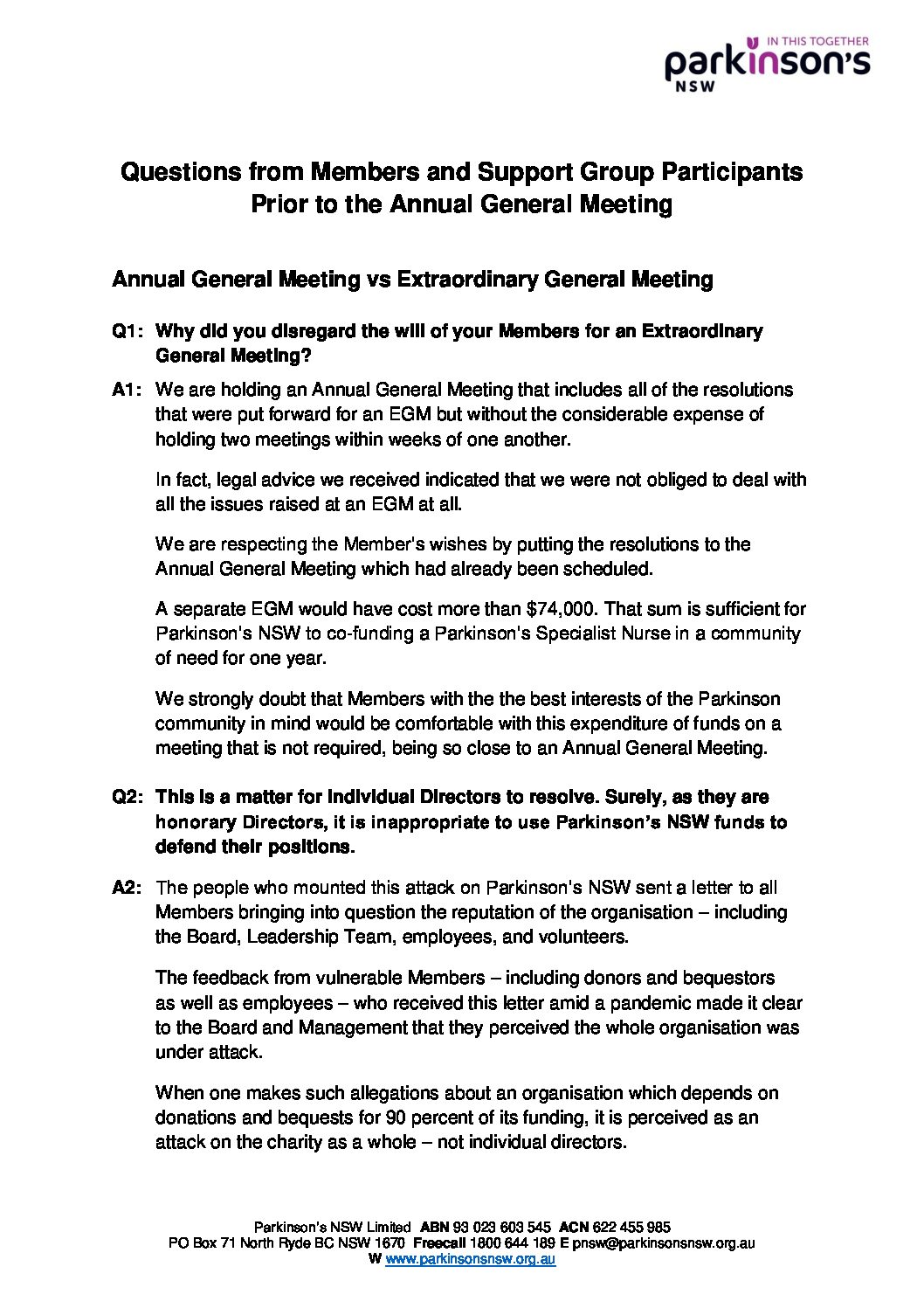 Pre-AGM-Questions | Parkinsons NSW