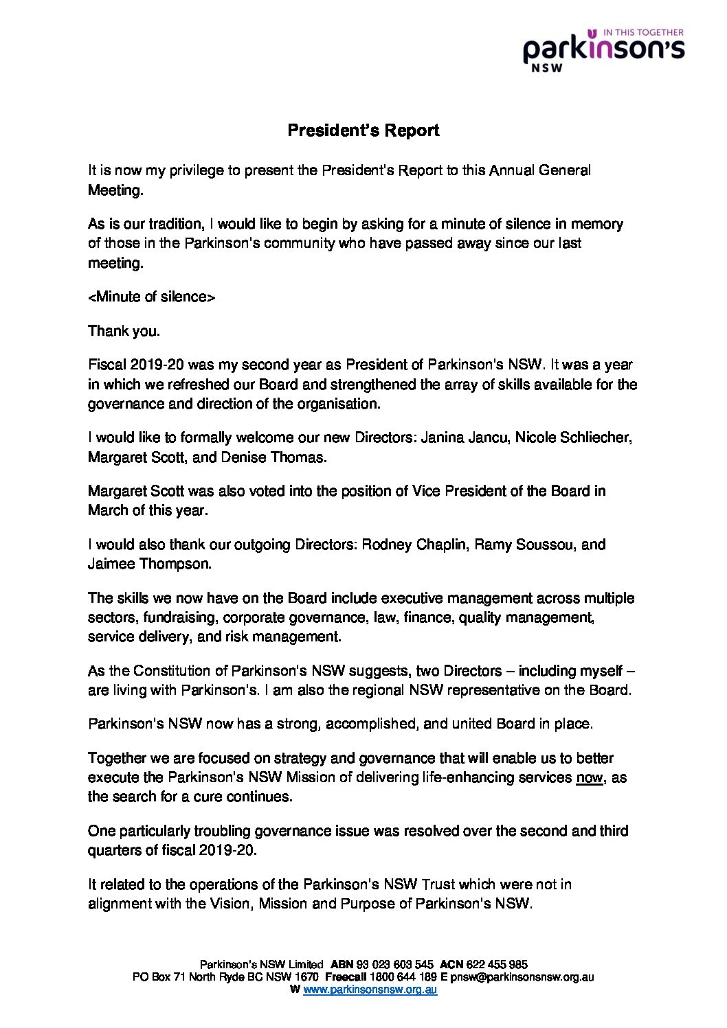 Presidents-Report | Parkinsons NSW