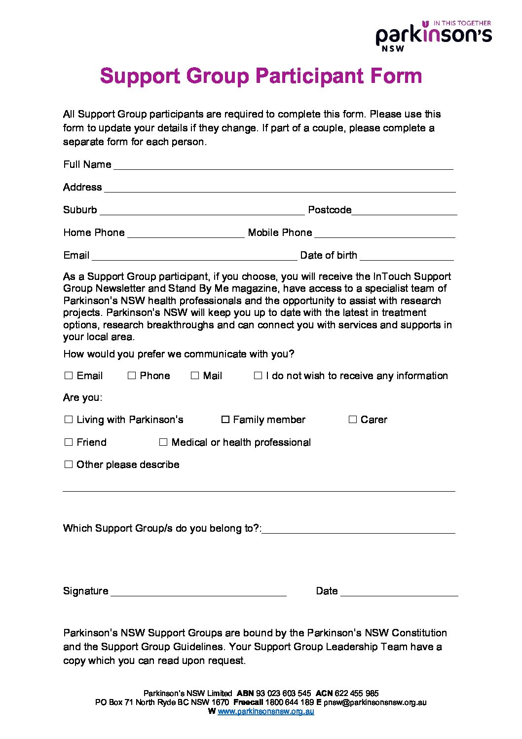 Support Group Participant Form | Parkinsons NSW
