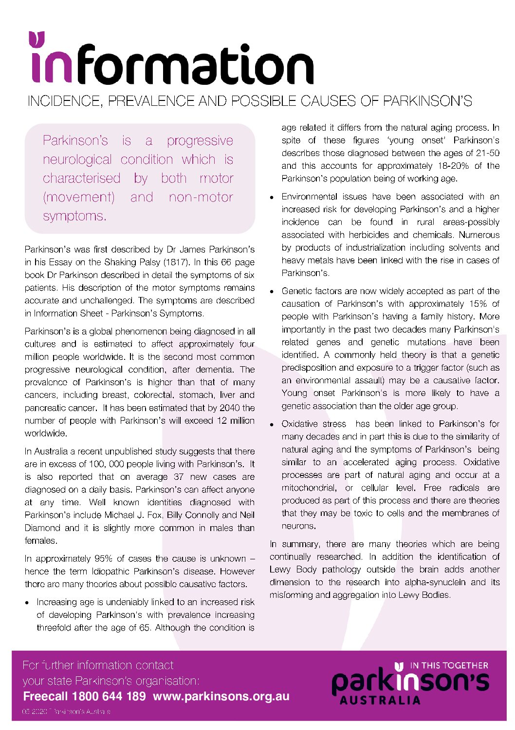 Information Sheet 1.1 – Incidence, Prevalence and Possible Causes of ...